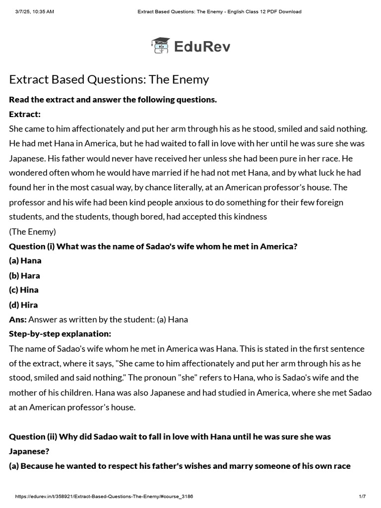 Extract Based Questions - The Enemy - English Class 12 PDF Download ...