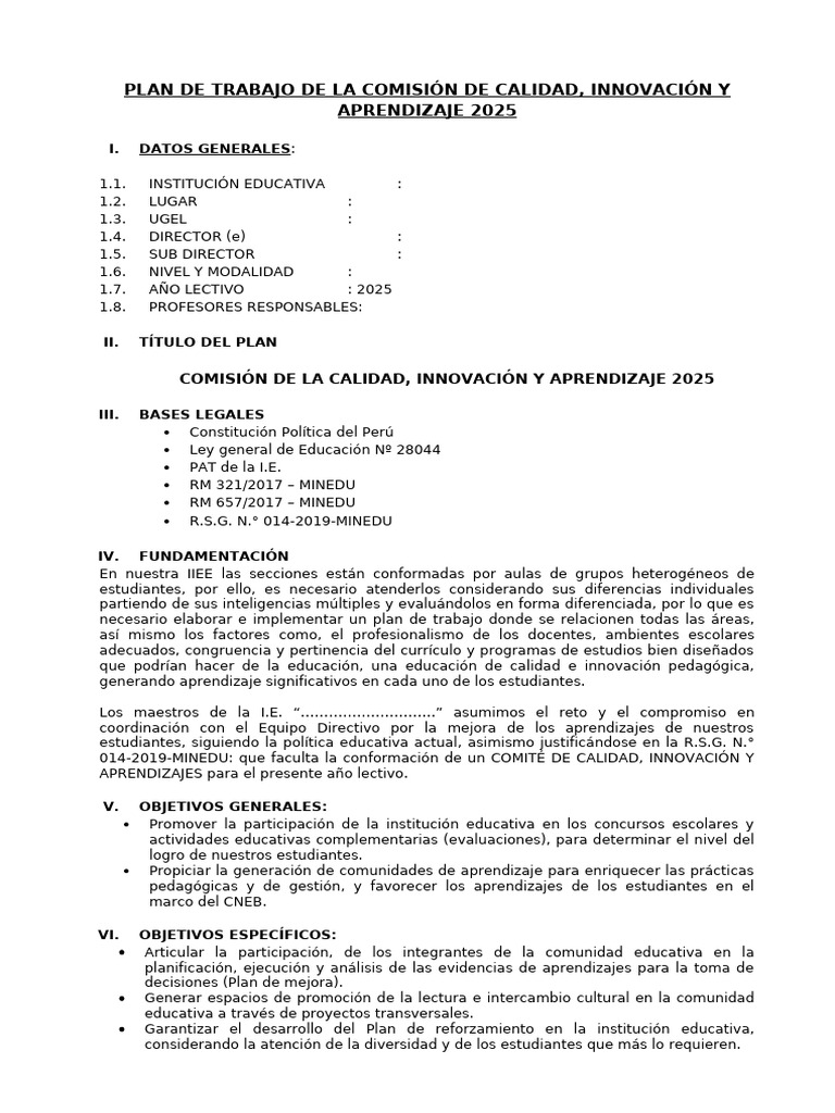 Calidad, Innovación y Aprendizajes - Plan de Trab. 2025 | PDF | Cognición | Aprendizaje