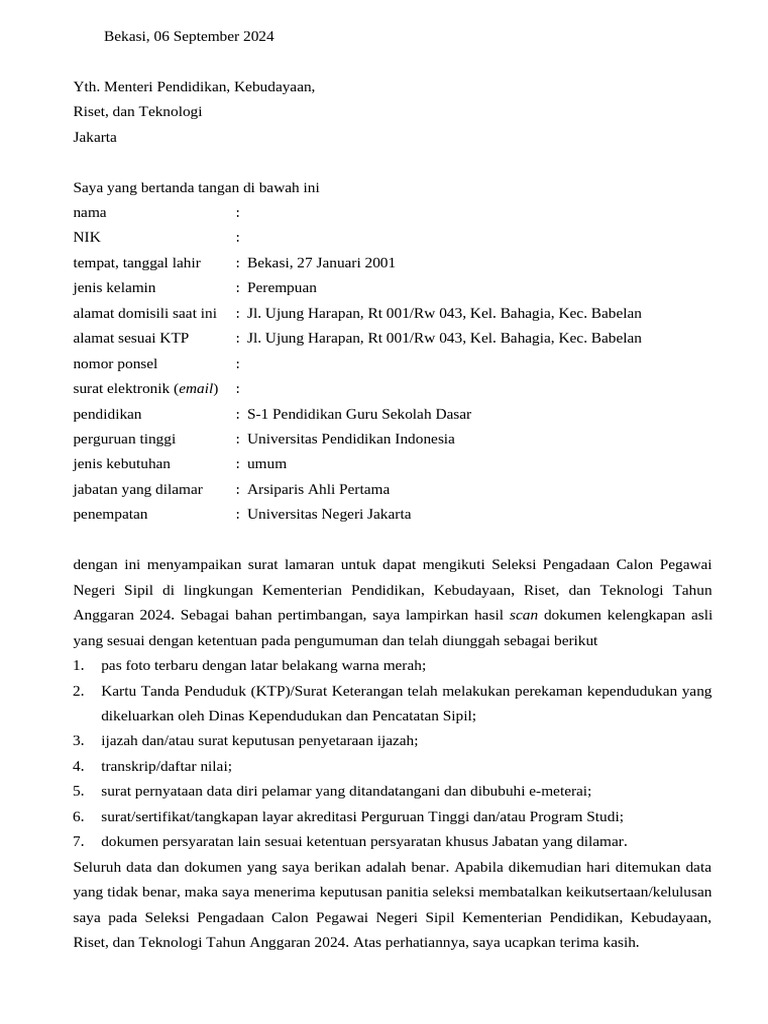 Surat Lamaran Mendikbud 1 2024 TGL 6 | PDF
