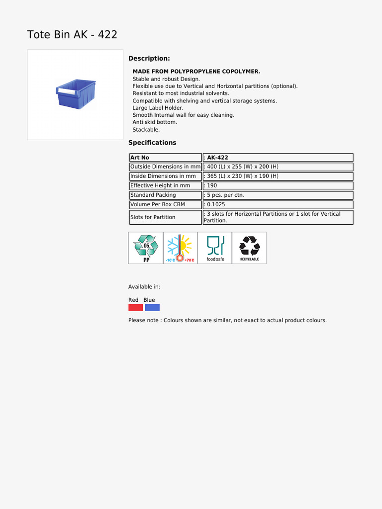 Tote Bin AK - 422: Description | PDF
