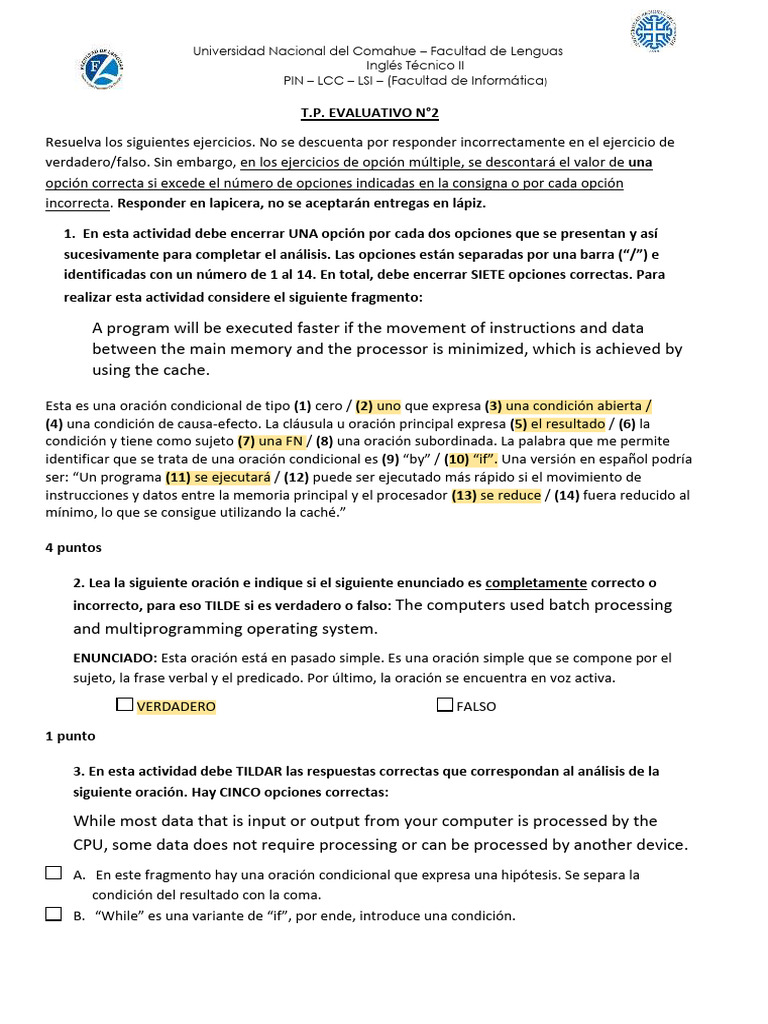 Consignas TP2 Con Respuestas ITII | PDF | Oración (Lingüística) | Verbo