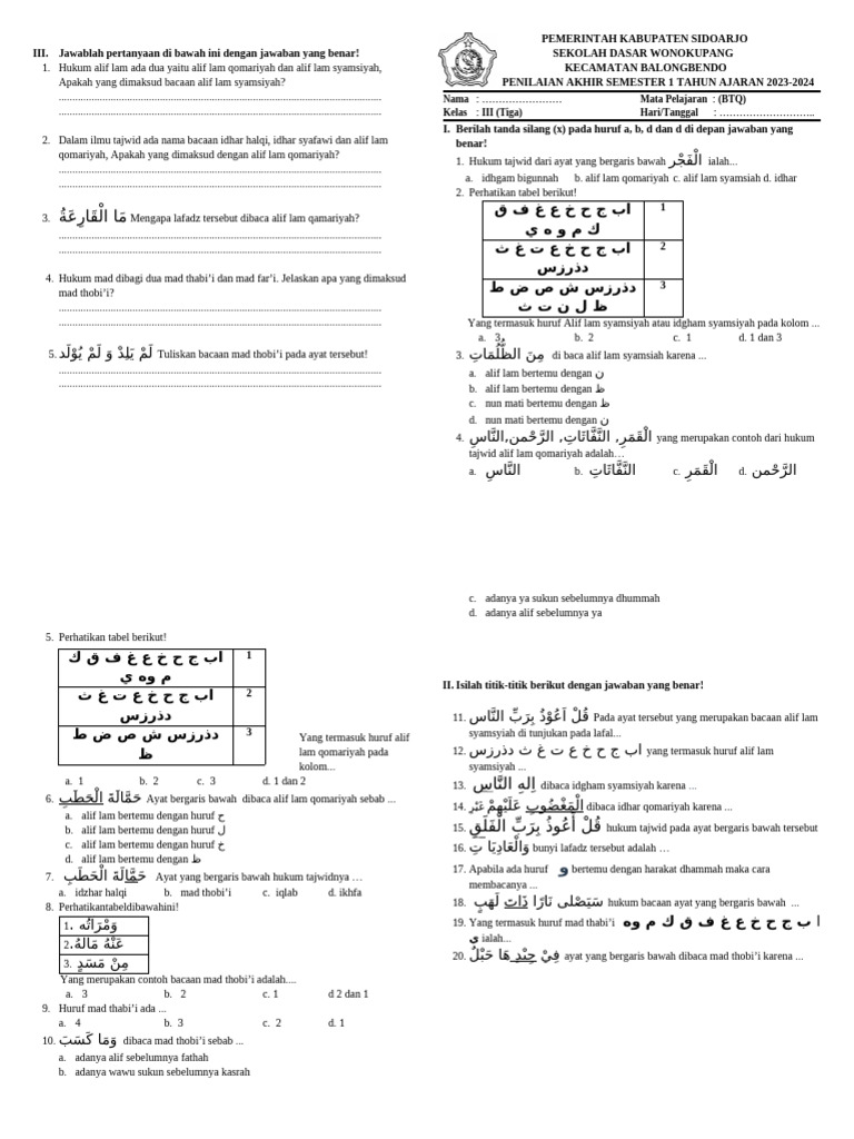 Pas 1 BTQ Kelas 3 2023-2024 | PDF