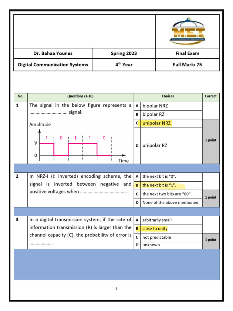 Spring 2023 - DCS - Final Exam=answer | PDF | Modulation | Signal Processing