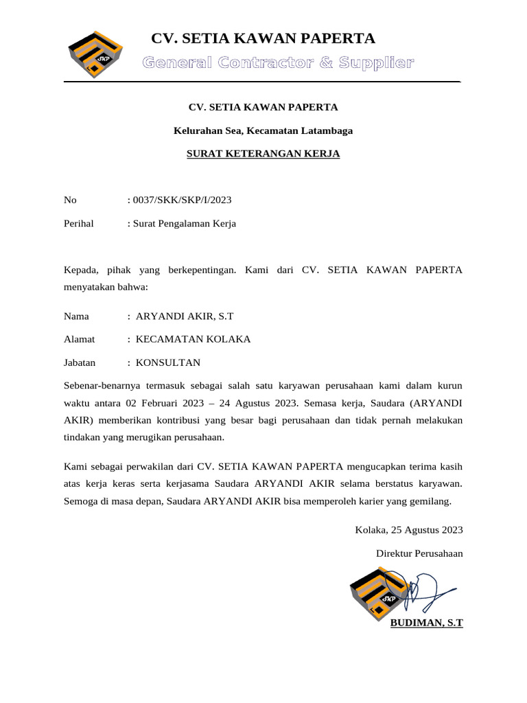 Contoh Surat Keterangan Kerja | PDF