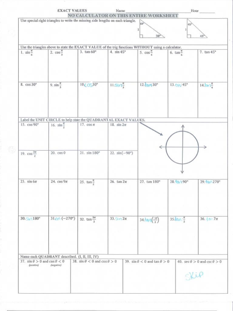 Unit Circle Extra Practice Exact Values | PDF