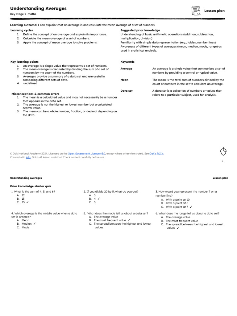 Understanding Averages - 95hfo3i7 - Lesson Plan | PDF | Arithmetic Mean ...