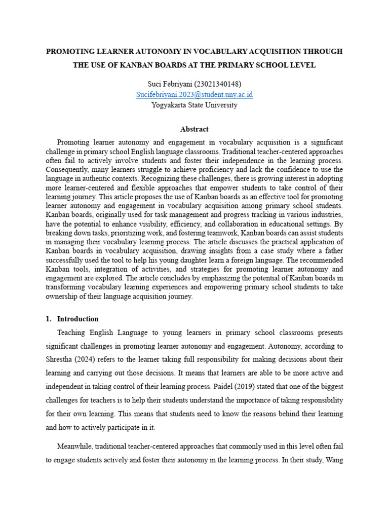 Promoting Learner Autonomy in Vocabulary Acquisition Through The Use of Kanban Board at The ...