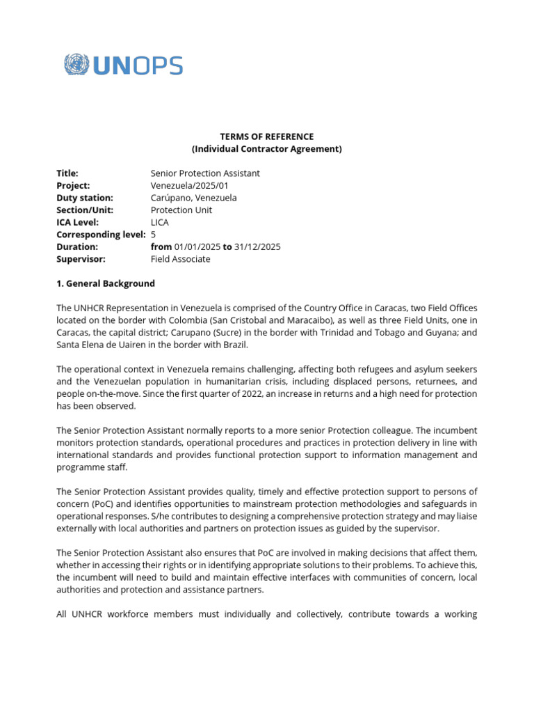2025 UNOPS TORs Senior Protection Assistant LICA 5, Carupano | PDF ...