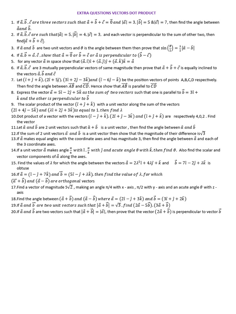 Extra Questions Vectors Dot Product | PDF | Euclidean Vector | Geometry