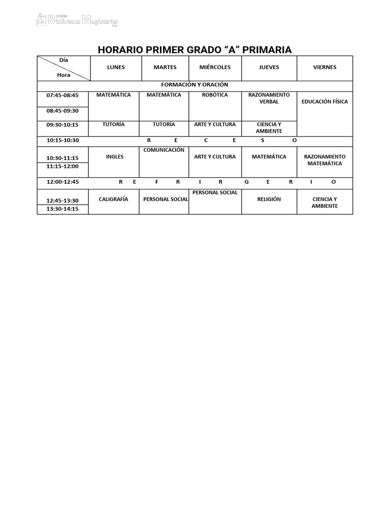 Horario Primer Grado Primaria | PDF