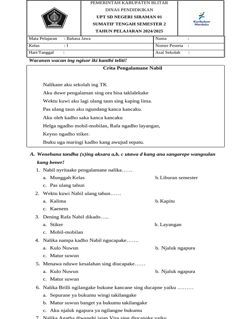 STS BAHASA JAWA Kelas 1 SEMESTER 2 | PDF