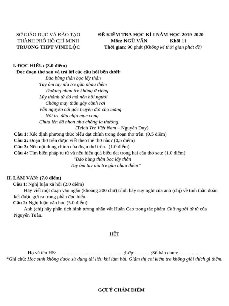 ĐỀ + ĐÁP ÁN MÔN NGỮ VĂN 11 - HKI - NH2019-2020 - THPT VĨNH LỘC - Hien Le | PDF