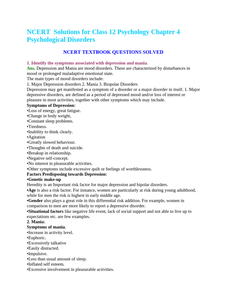 Psychological Disorders Class 12 Word | PDF | Substance Abuse | Mental ...