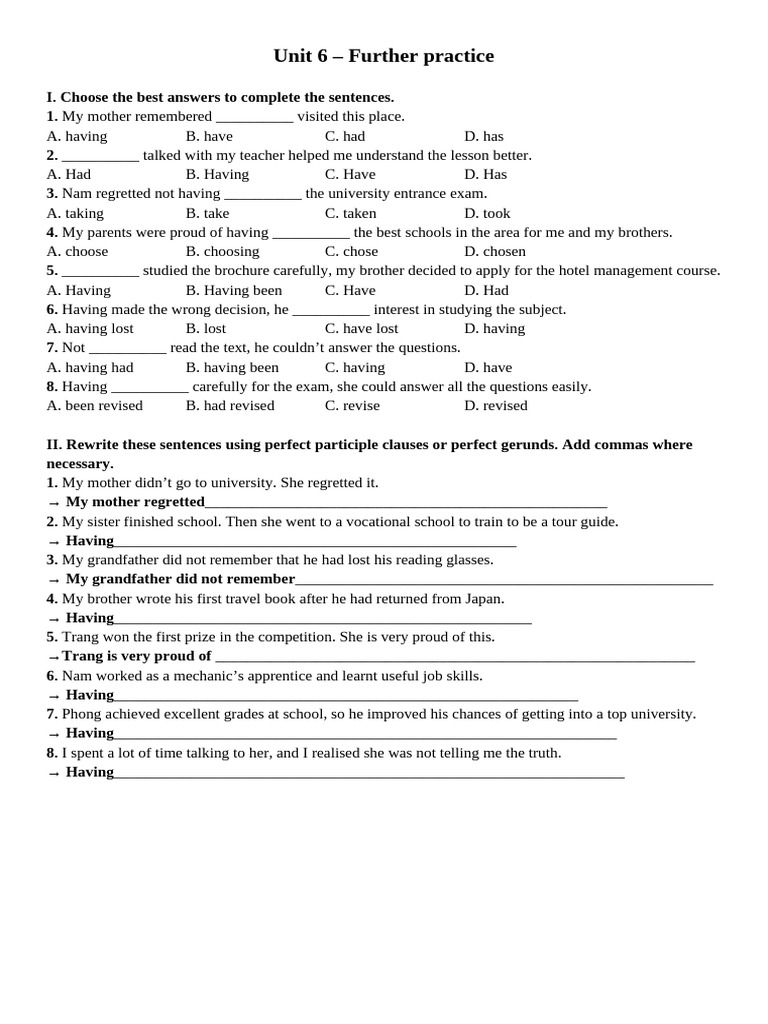 Perfect Participles and Sentence Structure Practice | PDF | Wedding | Bride