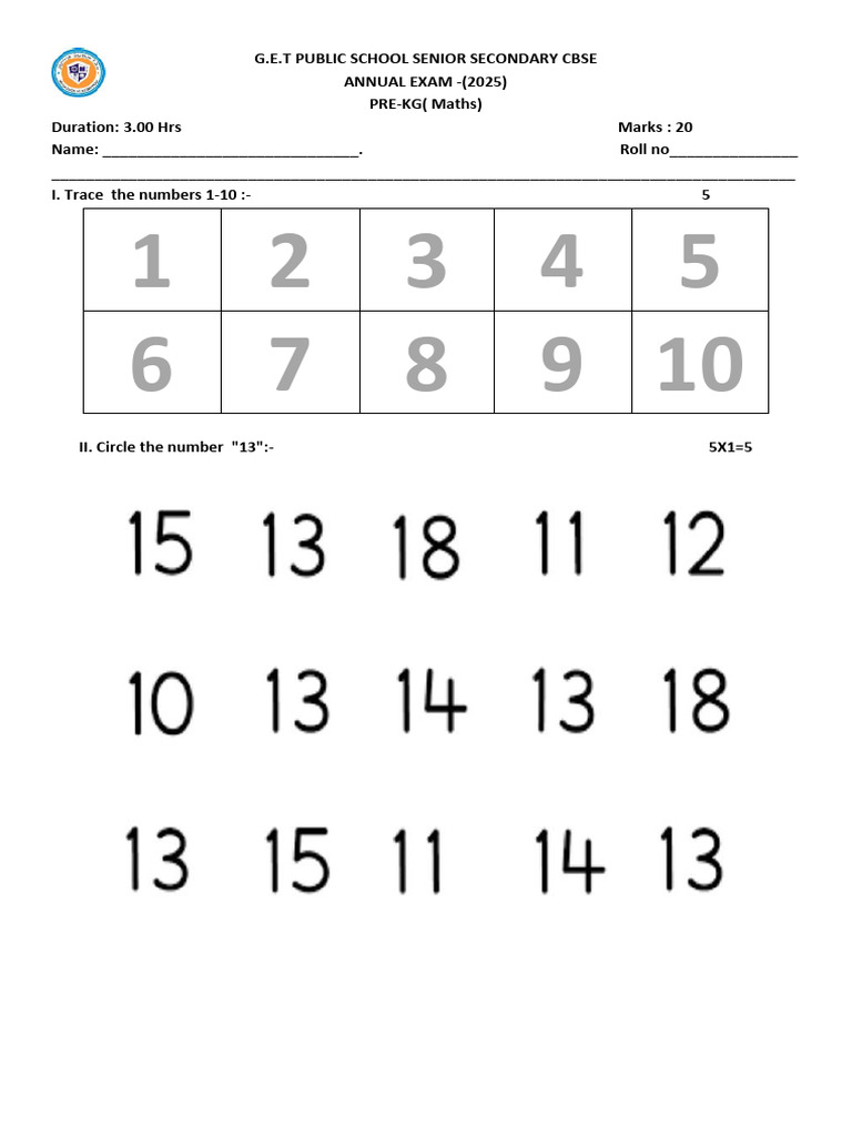 Pre-KG Maths Annual Exam 2025 | PDF
