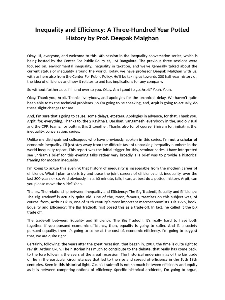 Inequality and Efficiency A Three-Hundred Year Potted History by Prof ...