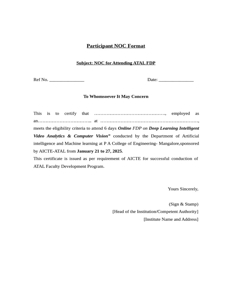 NOC by ATAL Format For Participants | PDF