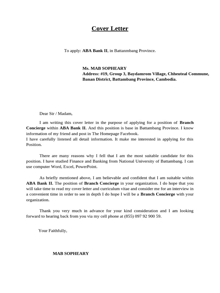 Cover Letter for ABA Bank II Position | PDF