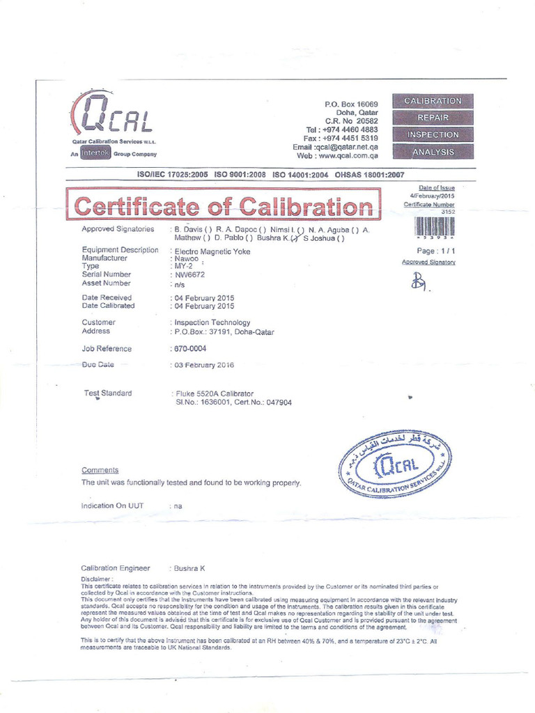 Calibration Certificate MPI Yoke NW6672 | PDF