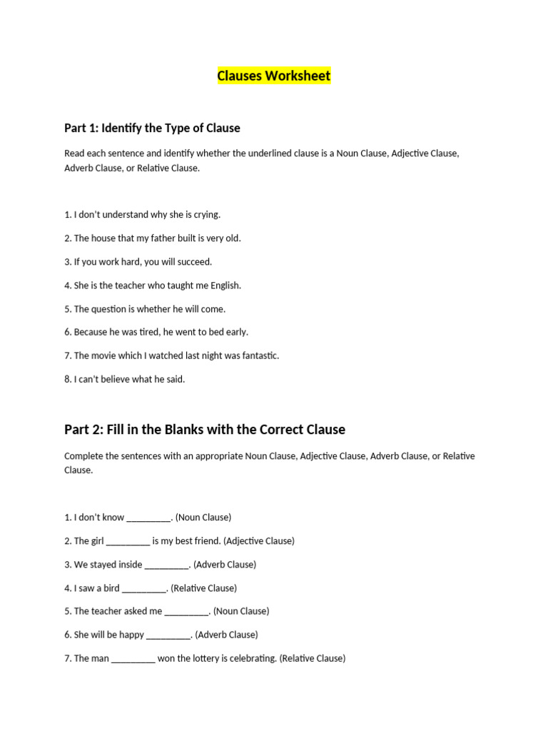 Clause Identification and Usage Worksheet | PDF