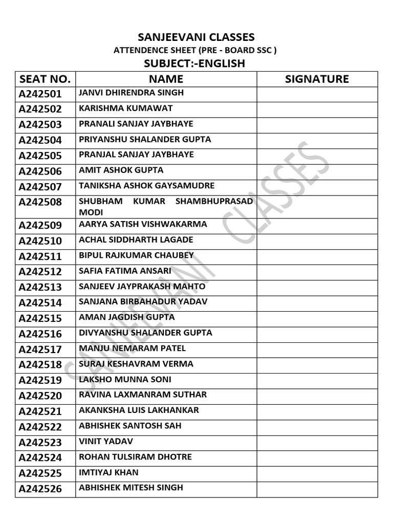10th Pre Board Attendence (ENGLISH) | PDF