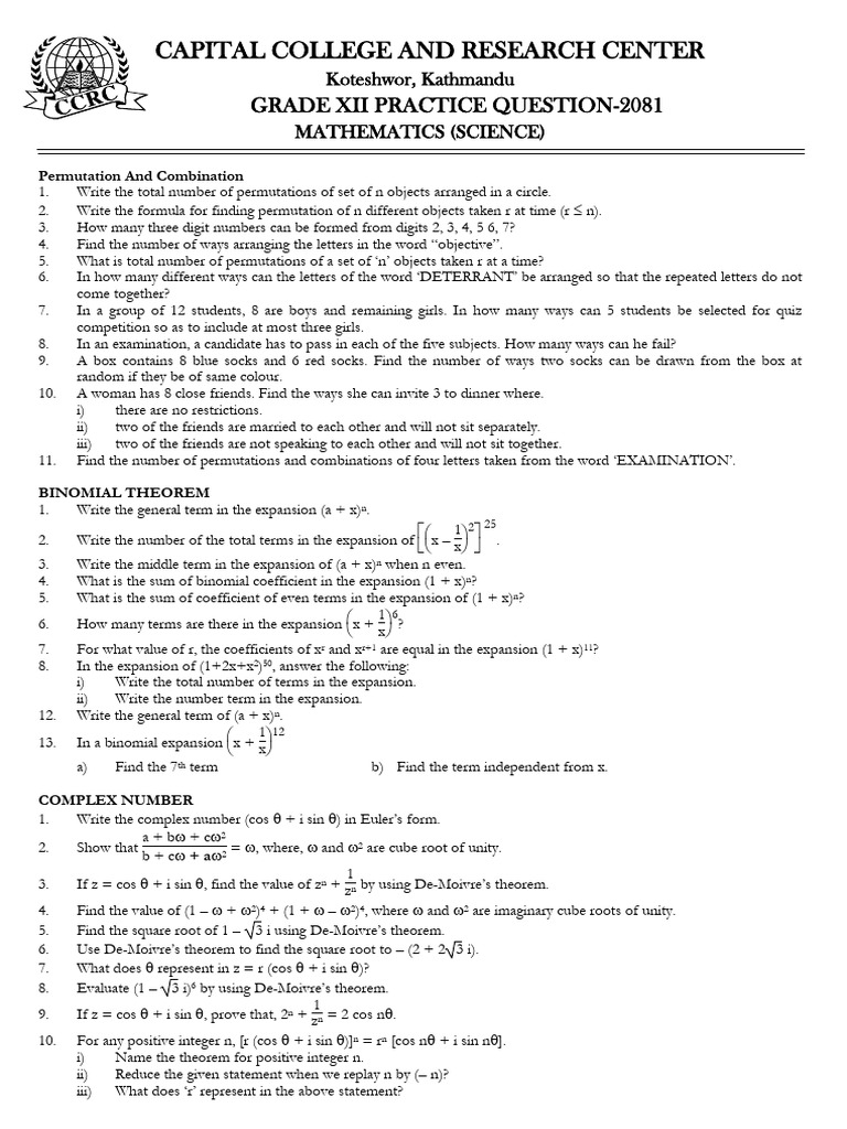 Grade XII Mathematics Practice Questions | PDF | Matrix (Mathematics) | Mathematical Concepts