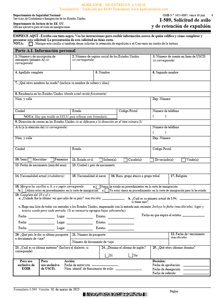 I-589 Spanish Updated July 2024 Unlocked | PDF | Visa de viaje | Número ...