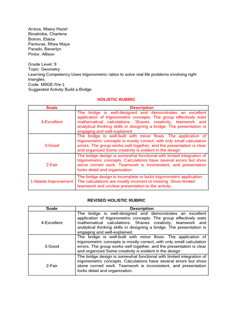 RUBRICS-DRAFT | PDF | Trigonometry | Mathematics