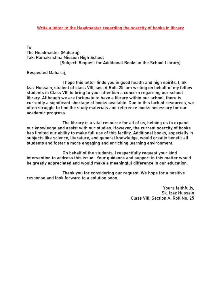 Write A Letter To The Headmaster Regarding The Scarcity of Books in Library | PDF