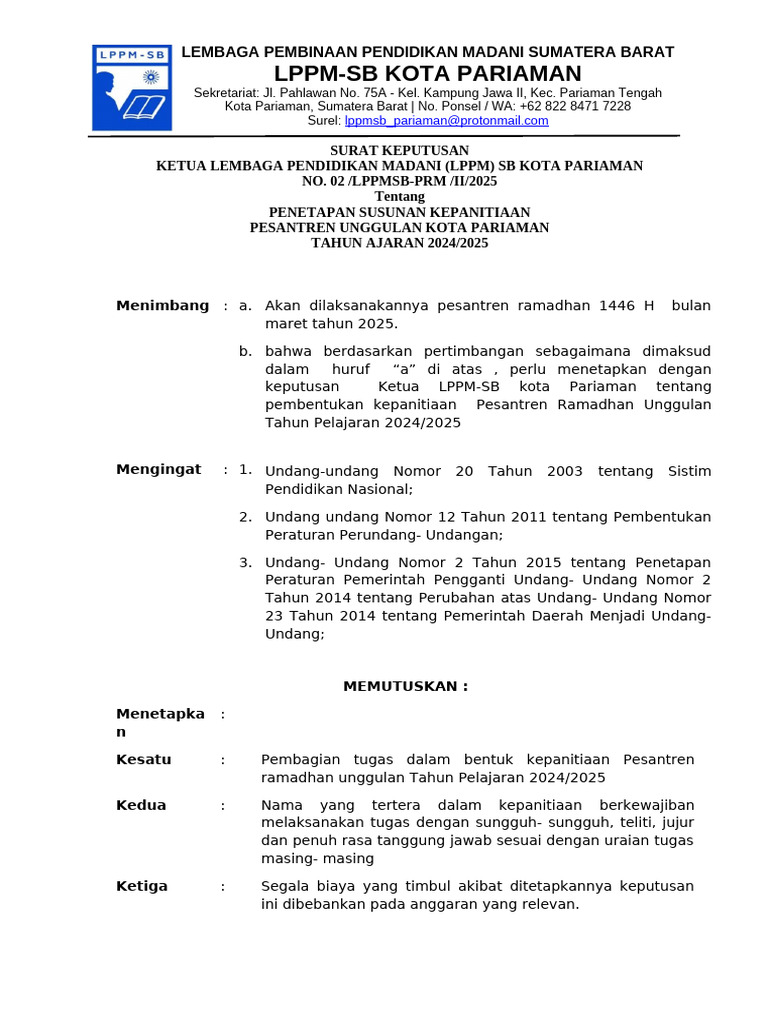 SURAT KEPUTUSAN Panitia Pesantren Unggulan 2025 | PDF