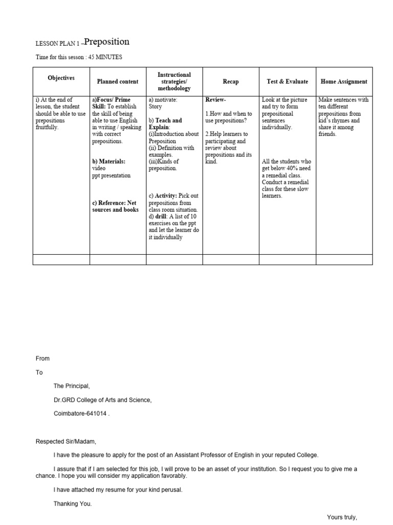 LESSON PLAN 1 Preposition | PDF | Lesson Plan | Pedagogy