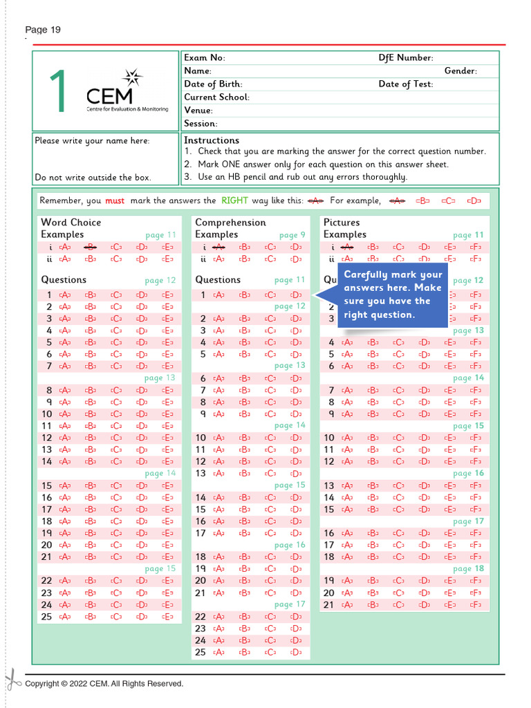 Official 2023 Entry CEM Grammar School Entrance Test Familiarisation ...