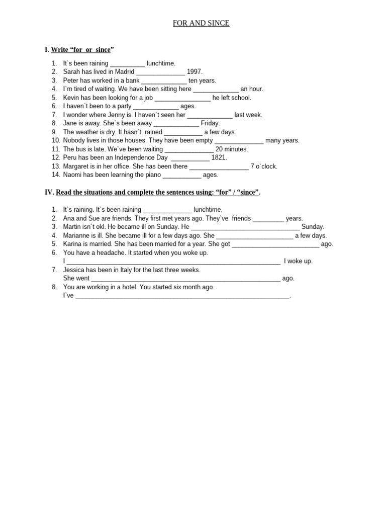 For And Since Exercises Worksheet Pdf