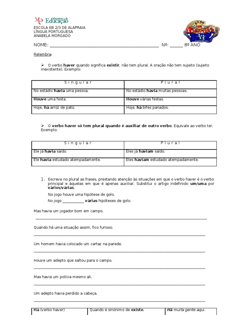 Ficha Do Verbo Haver_convertido | Assunto (Gramática) | Linguística