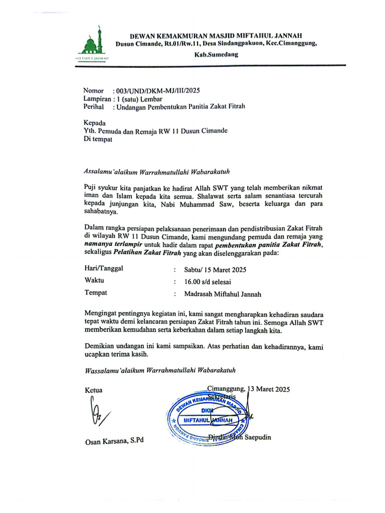 Surat Undangan DKM MIftahul Jannah Untuk Pemuda & Remaha MIftahul Jannah | PDF