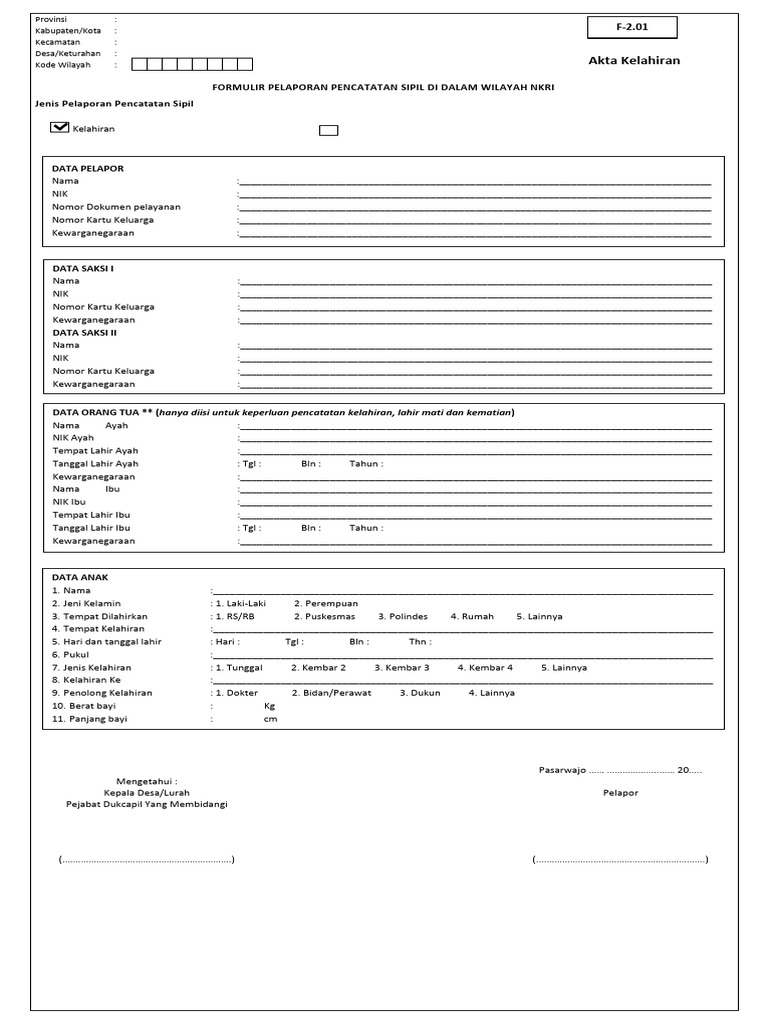 FORMULIR F02 - 01 Akta Kelahiran | PDF