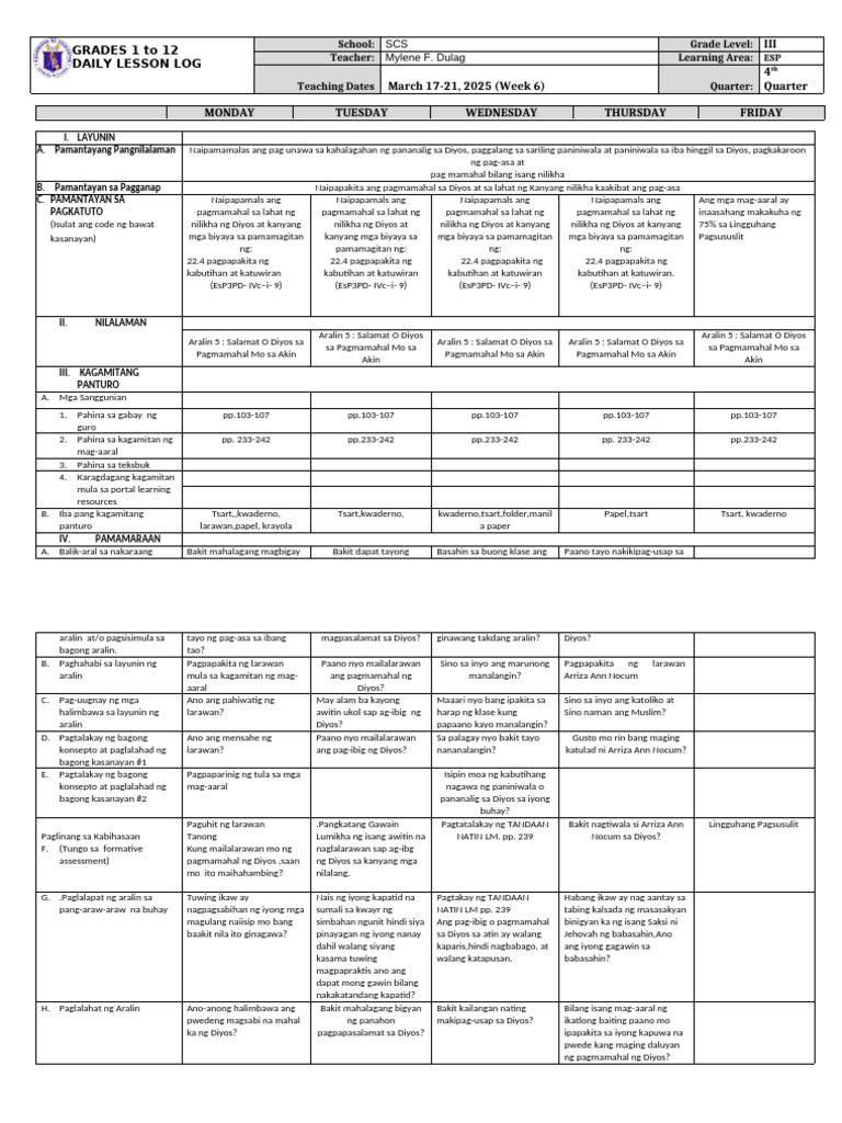 Grade 3 DLL Esp 3 q4 Week 6 | PDF
