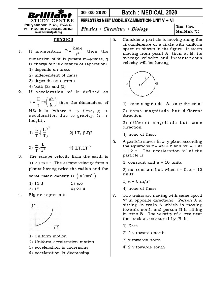 NEET Physics Model Exam Questions | PDF | Acceleration | Force