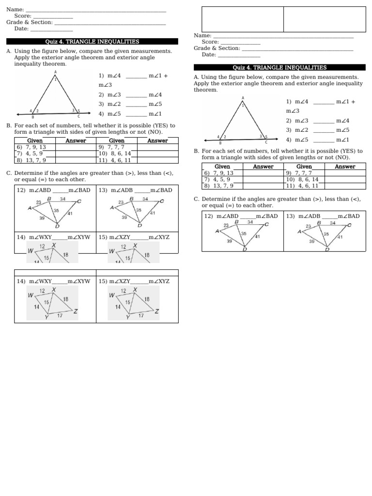 4 QUIZ Triangle-Inequality | PDF | Triangle | Mathematics