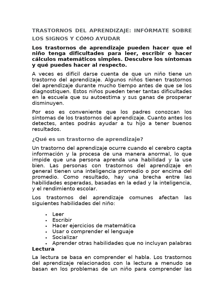 Trastornos Del Aprendizaje | PDF | Aprendizaje | Desorden hiperactivo y deficit de atencion
