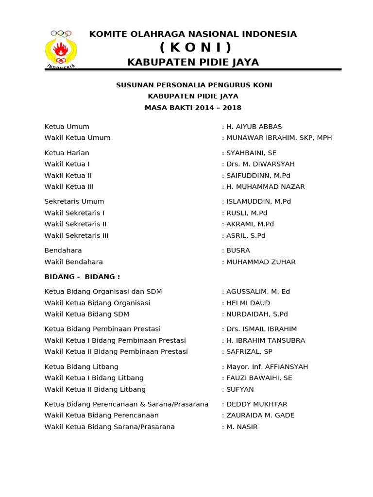 Lampiran SK Pengurus Koni 2014 2018 | PDF