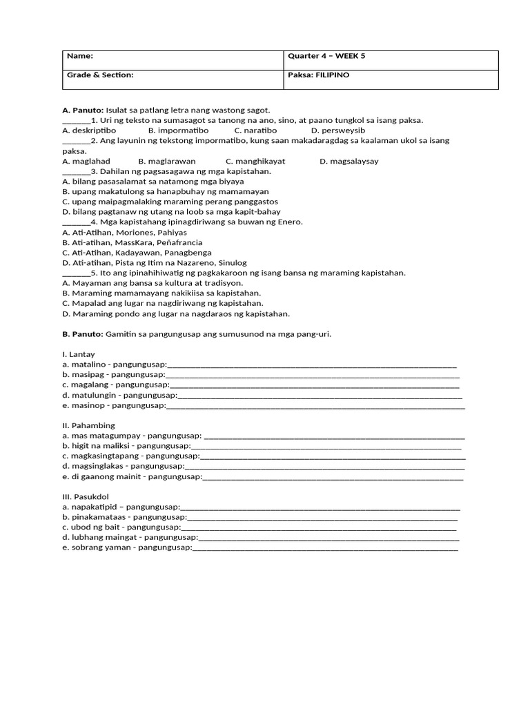FILIPINO WORKSHEET Week5 | PDF