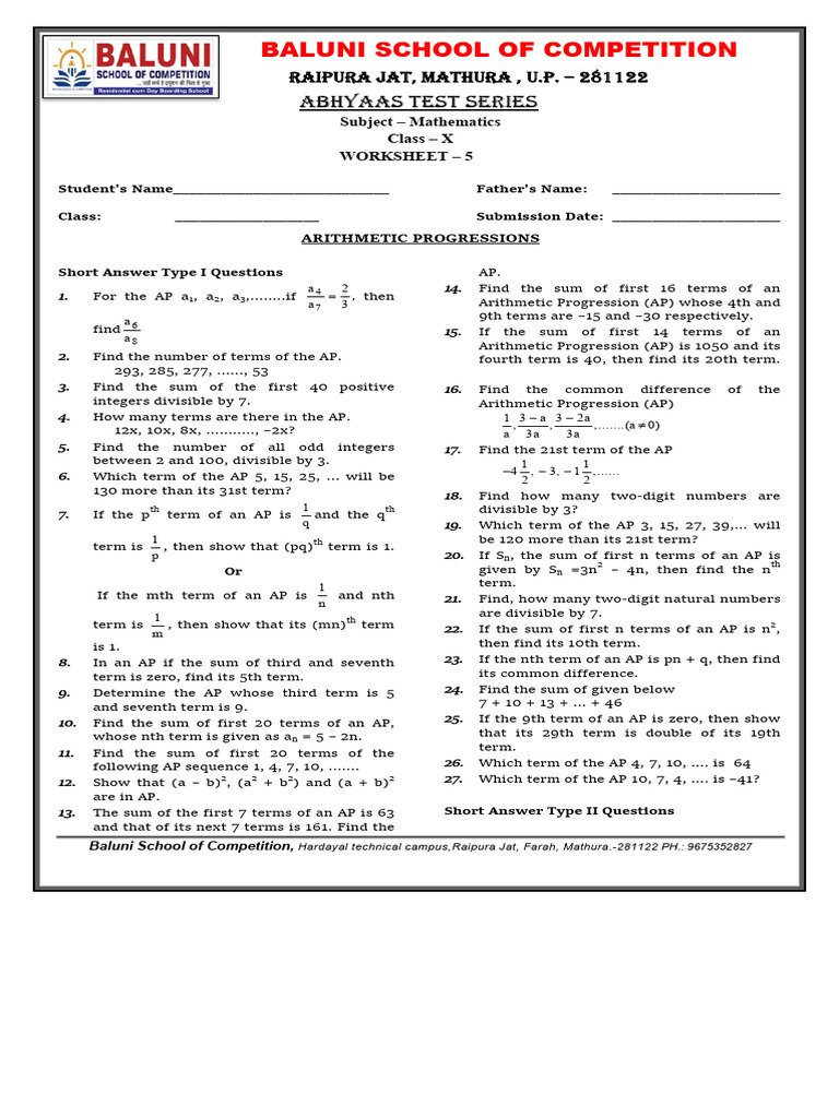 Abhyaas Worksheet - 5 (Arithmetic Progressions) | PDF | Arithmetic | Mathematics