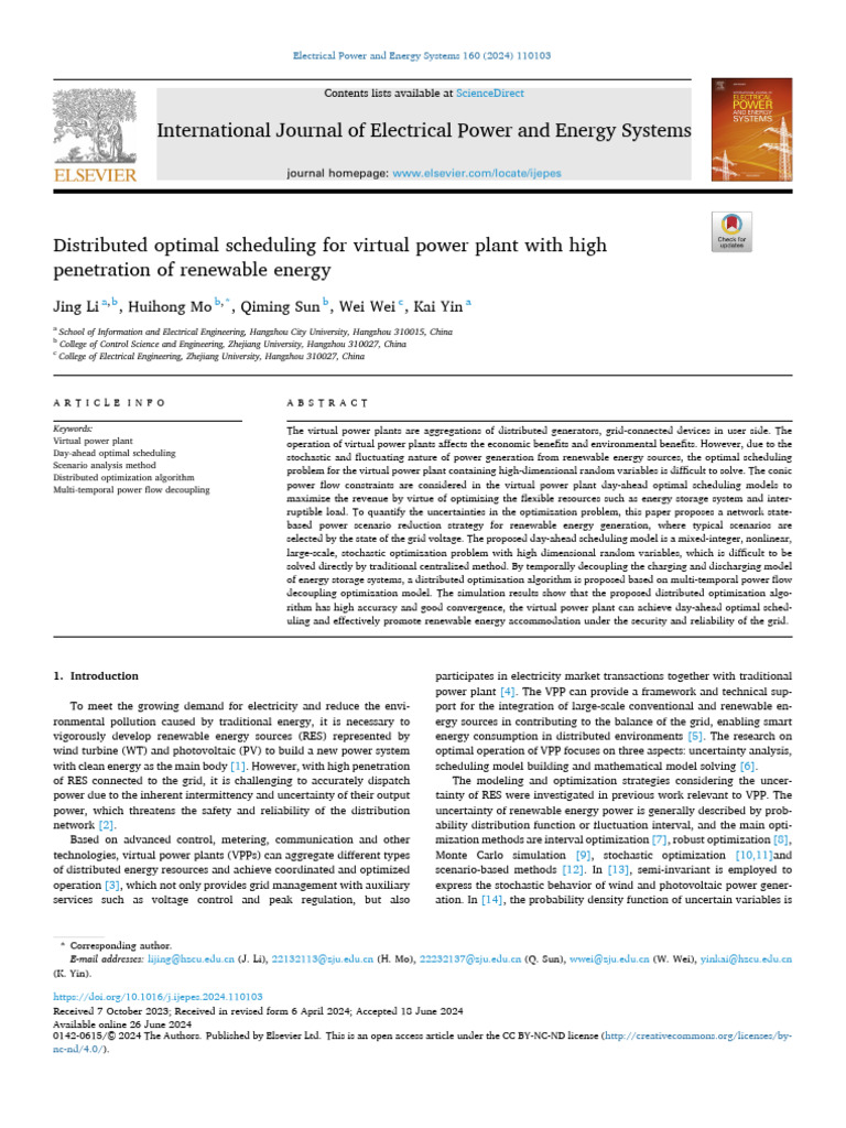 Distributed Optimal Scheduling For Virtual Power Plant With High ...