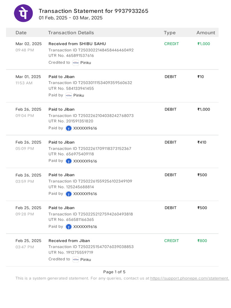 PhonePe Statement Feb2025 Mar2025 | PDF | Debits And Credits | Debit Card