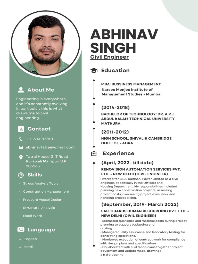 Abhinav Singh: Civil Engineer Profile | PDF | Engineering