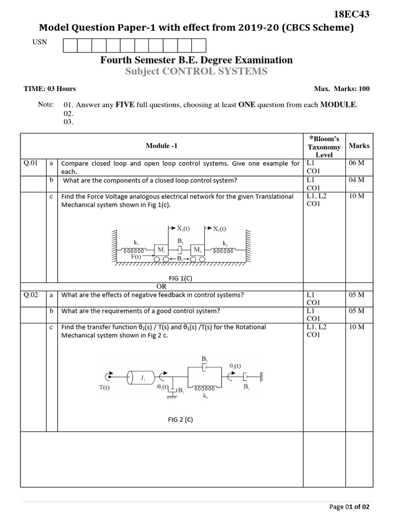 Control Systems Model Question Paper | PDF | Control Theory | Feedback
