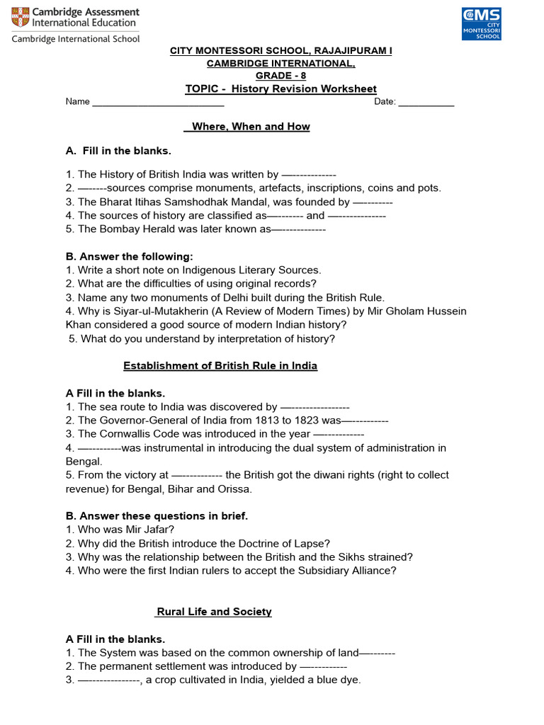 History Revision (Mid Term I, Half Yearly, Mid Term II) Worksheet Grade ...