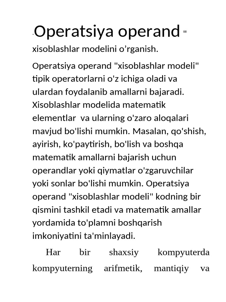 Operatsiya Operand: Har Bir Shaxsiy Kompyuterda Kompyuterning Arifmetik ...
