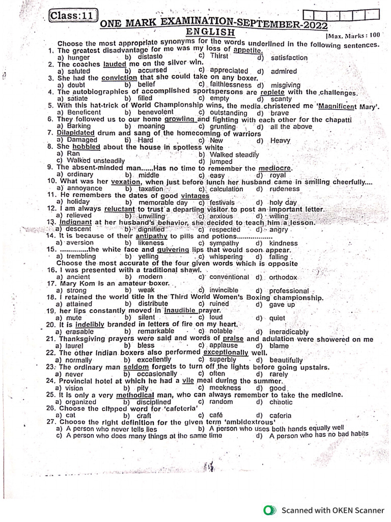 +1 Eng - One Mark - Part 2 Question | PDF